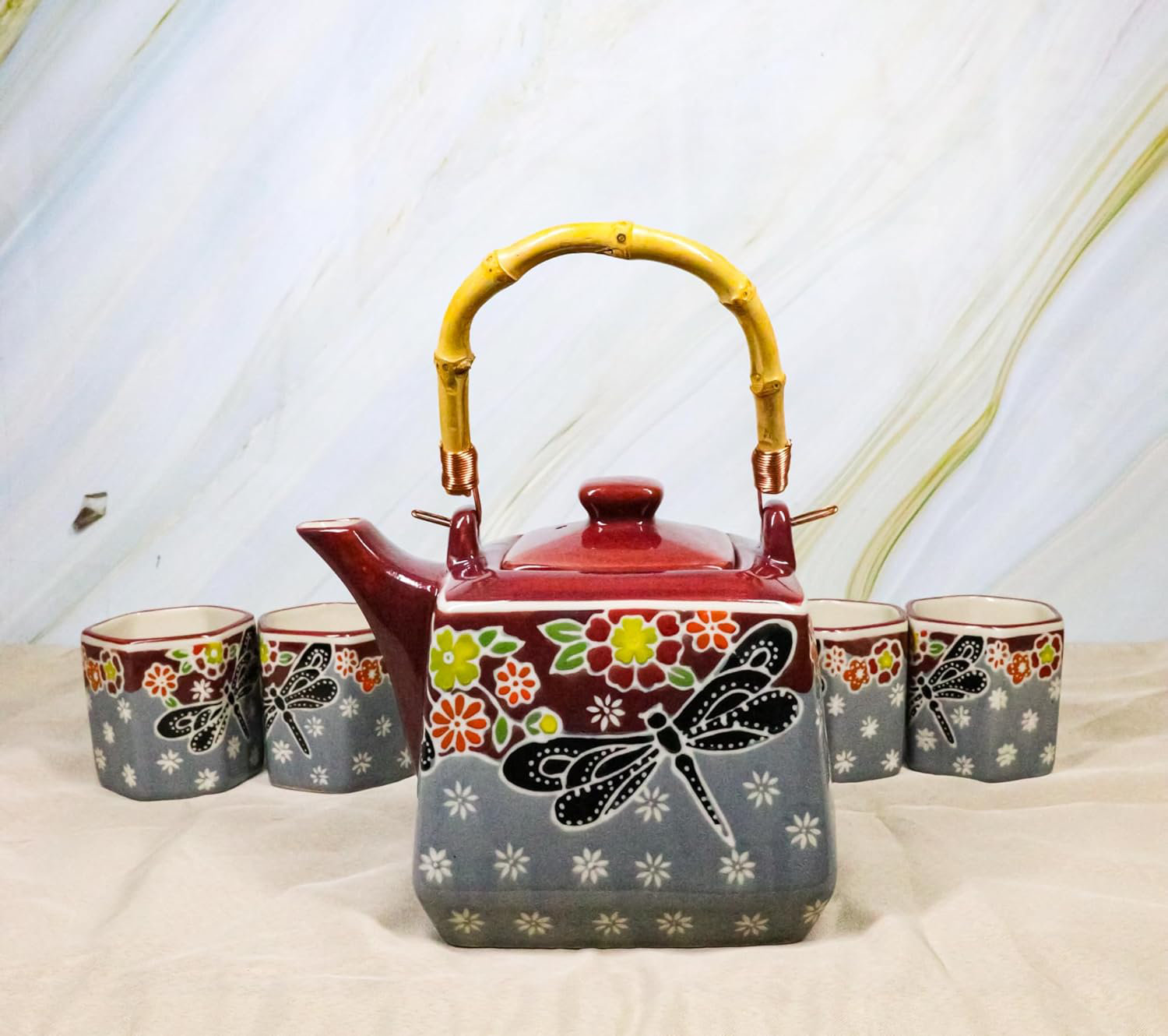 Bungalow Rose Maroon Grey Tombo Dragonfly With Flowers Hexagonal Teapot ...