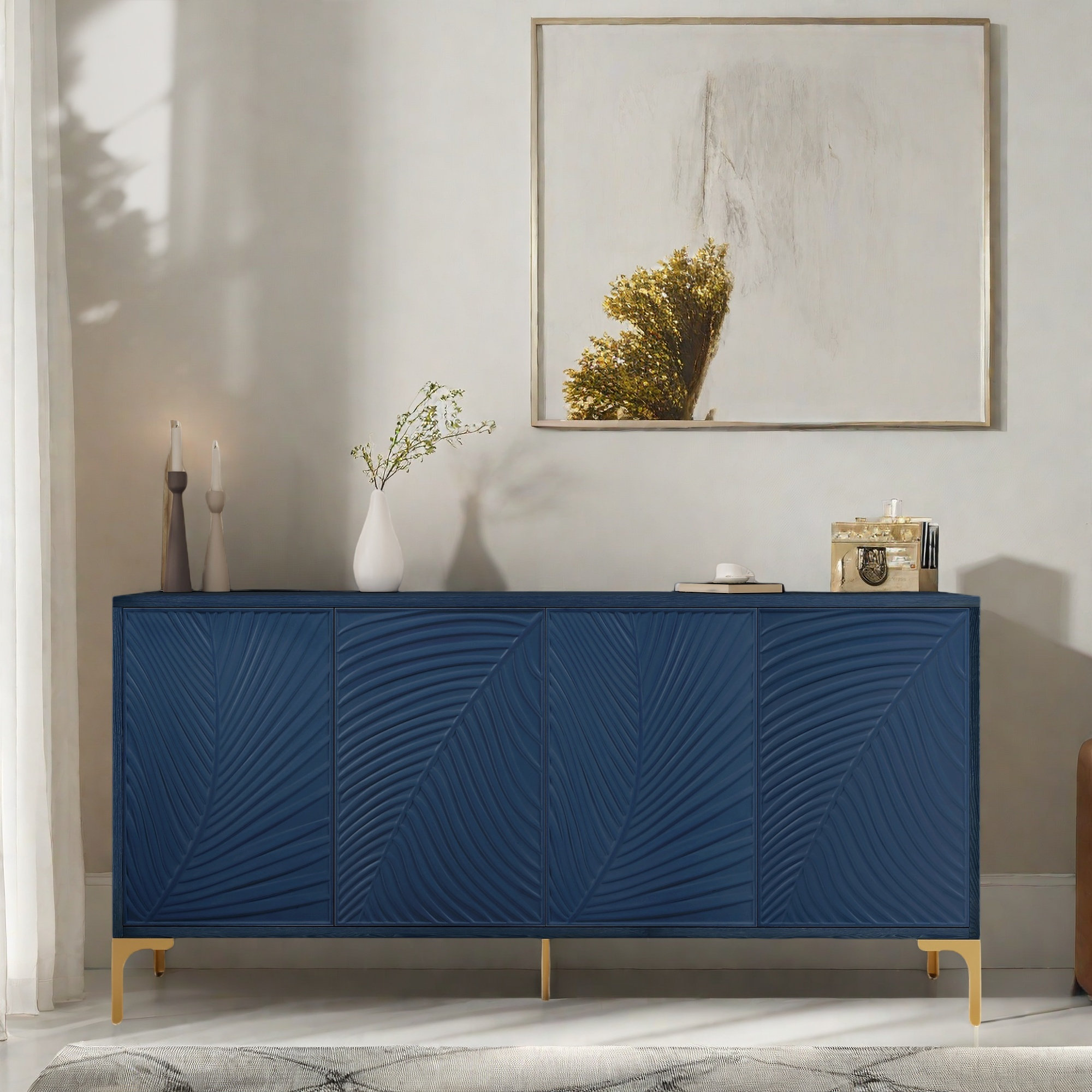 Mercer41 4 Doors Wood Sideboard With Adjustable Shelves, Stripe Carving ...