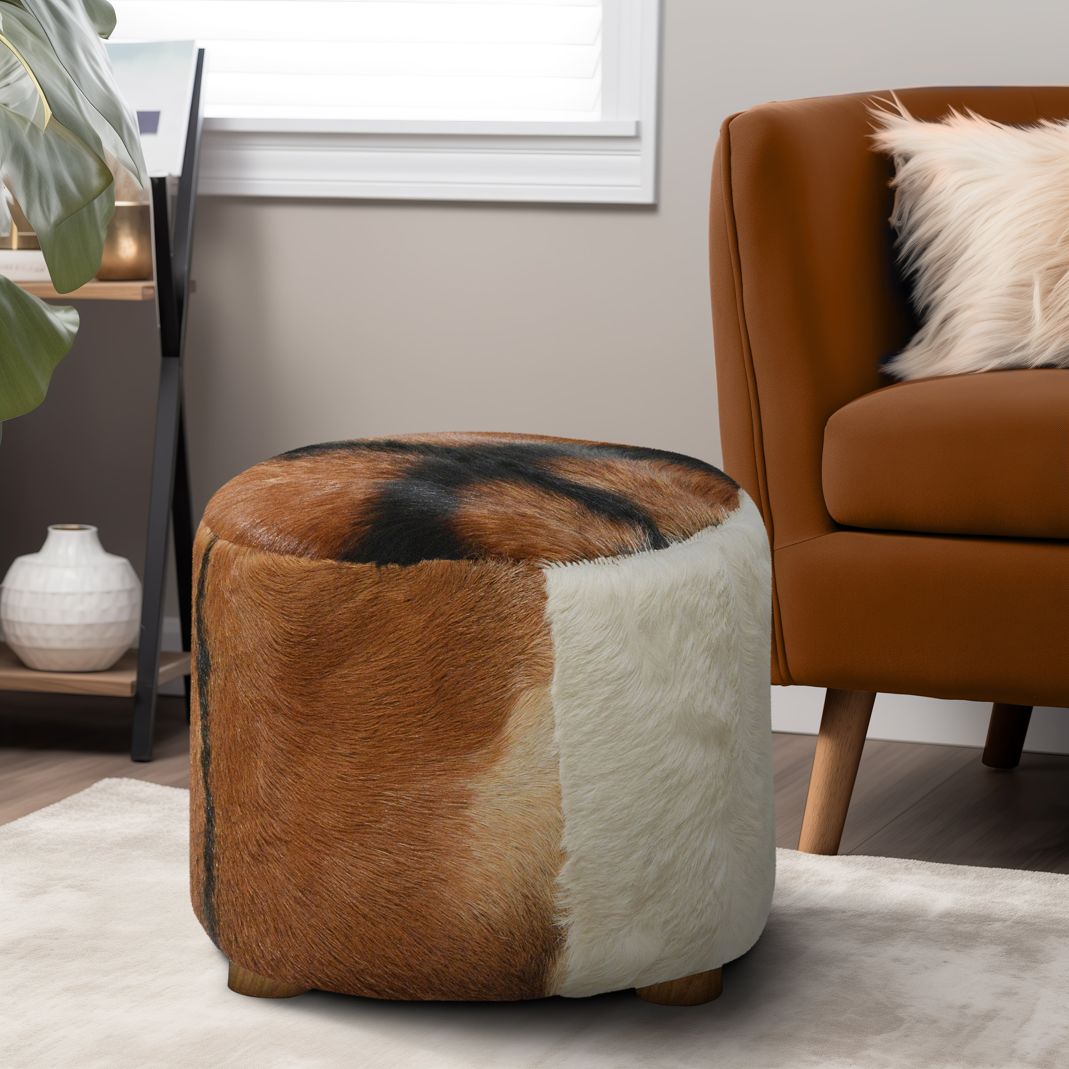 Millwood Pines Neutral 18 Inch Cowhide Farmhouse Ottoman Stool ...