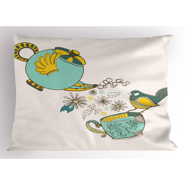 Ambesonne Tea Pillow Sham 2 Pack Bird Flowers Winged Pot Art Teal Pale ...