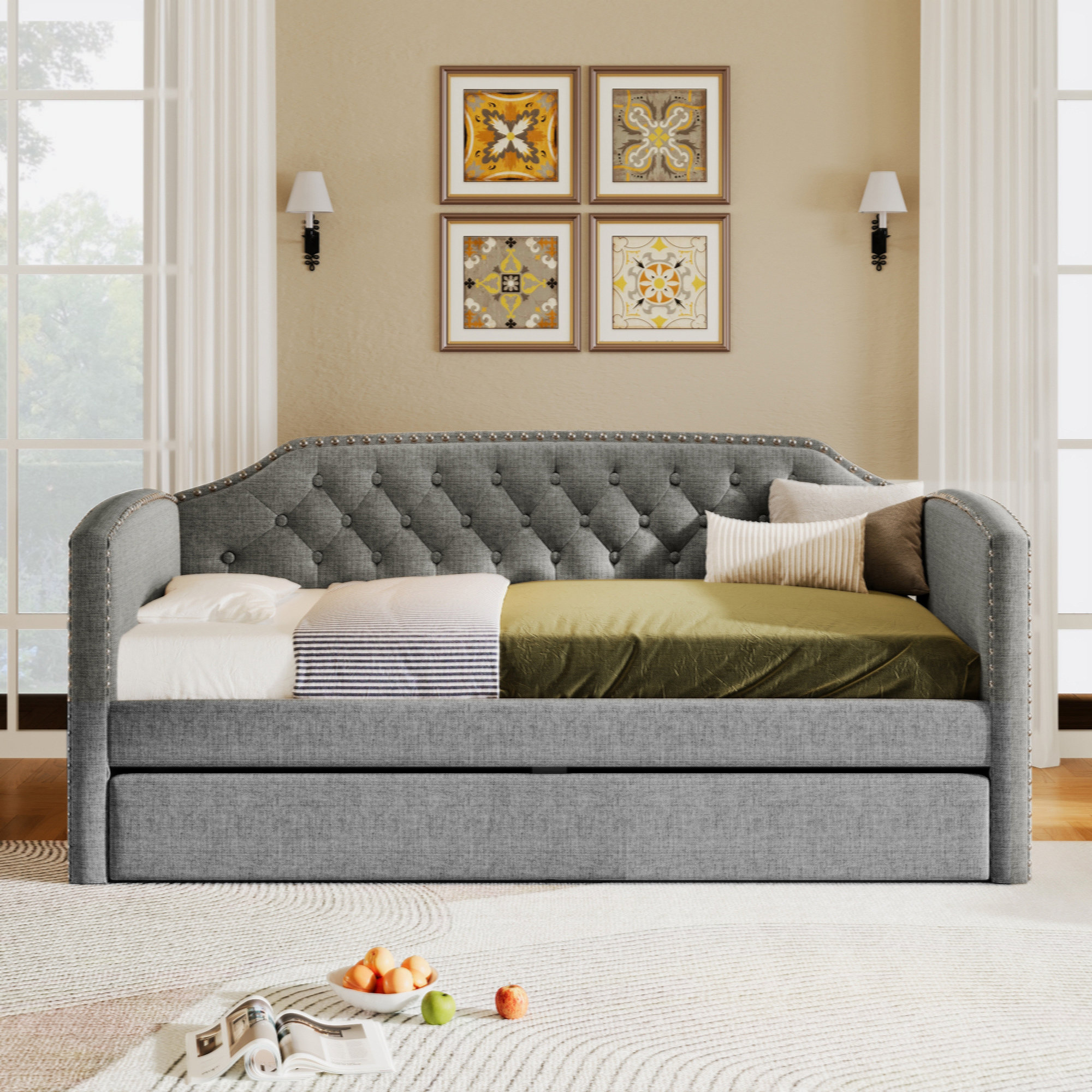 Winston Porter Twin Size Upholstered Daybed With Trundle For Guest Room ...