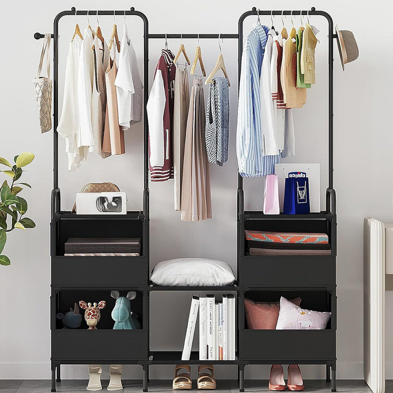 Latitude Run® Clothes Rack,3Rods Portable Clothing Hanging Garment Rack ...