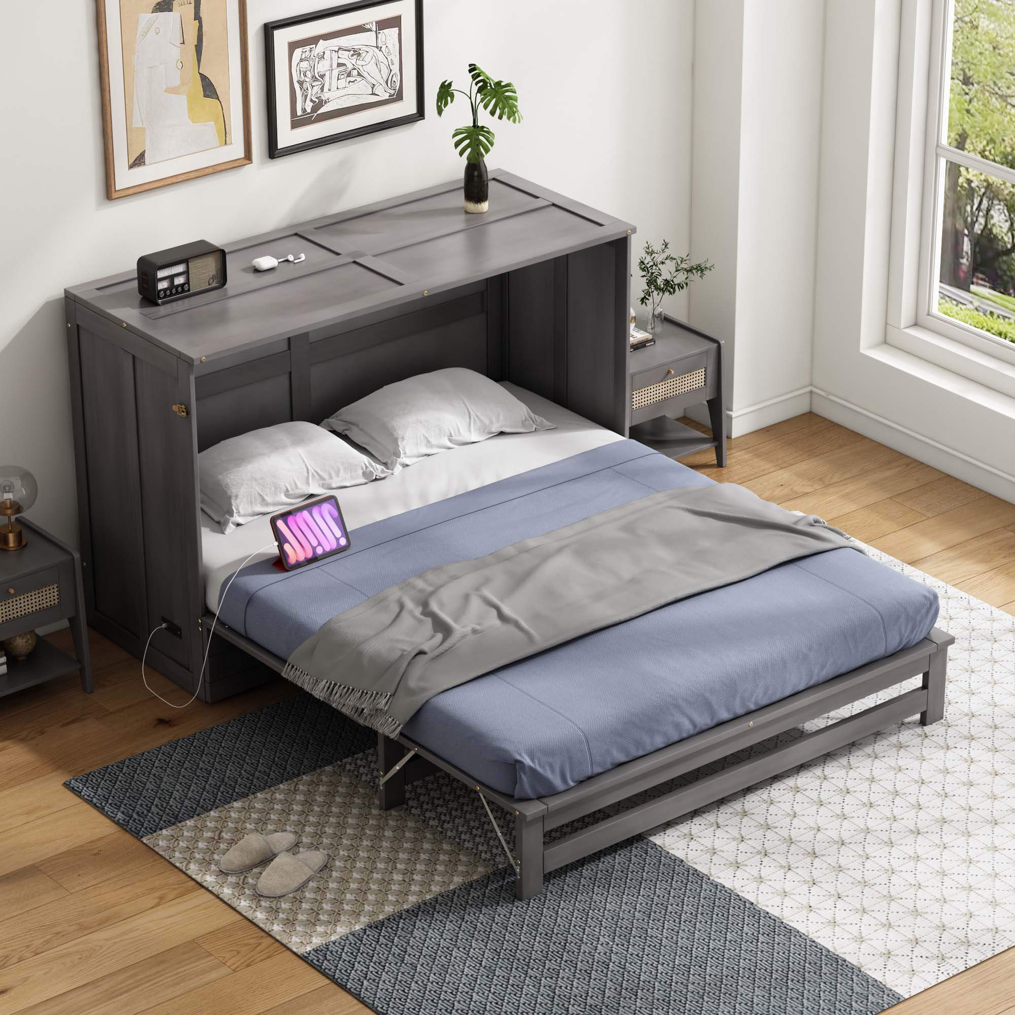 Red Barrel Studio® Queen Size Murphy Bed With Built-In Charging Station ...