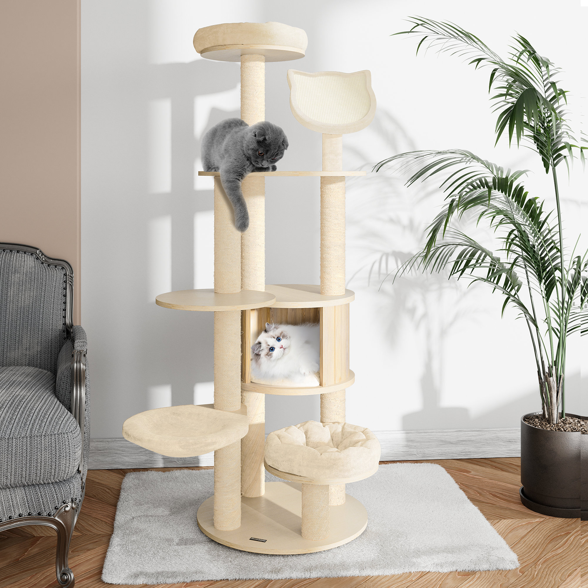 Tucker Murphy Pet™ 64” Wooden Cat Tree Cat Tower Cat Condo, Natural ...