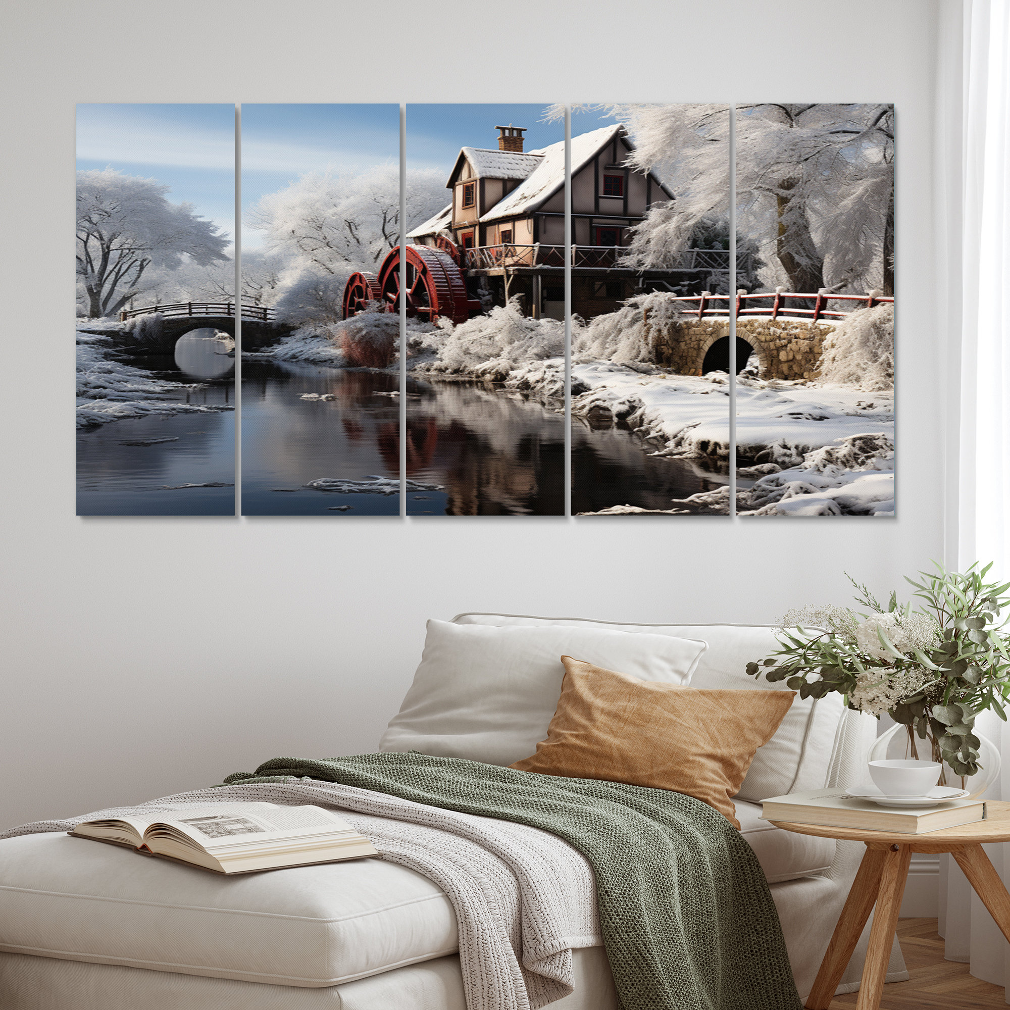 Millwood Pines White Blue Mill In Winter 5 Pieces | Wayfair