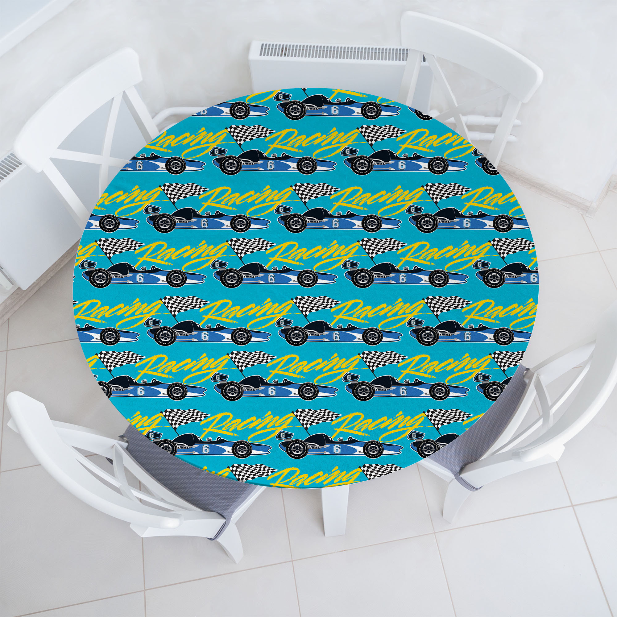 Breakwater Bay Race Car Fitted Round Tablecloth Blue and Multicolor ...