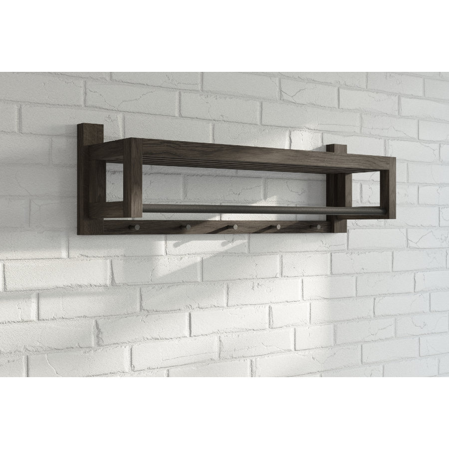 Gracie Oaks Black Wooden Wall Coat Rack with Shelf and 5 Black Hooks ...