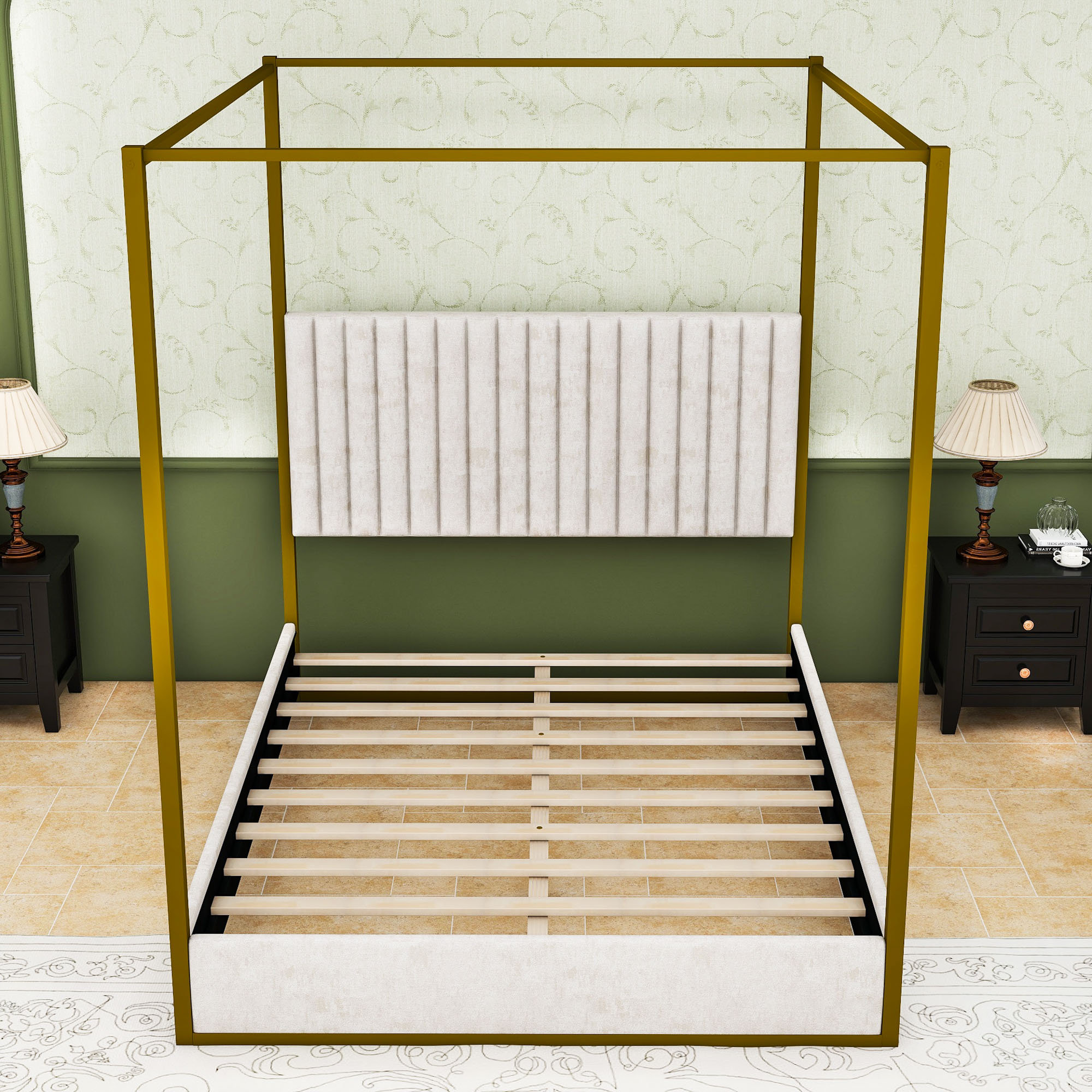 Mercer41 Queen Upholstered Canopy Platform Bed with Foam Headboard and ...
