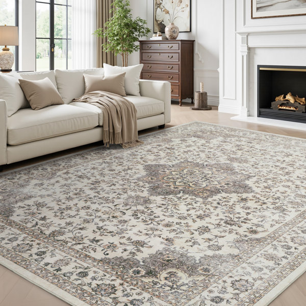 Alcott Hill® Floral Beige Non-Slip Washable Area Rug & Reviews | Wayfair