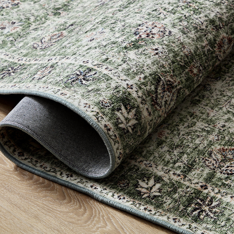Bungalow Rose Machine Washable Performance Indoor Green Area Rug ...