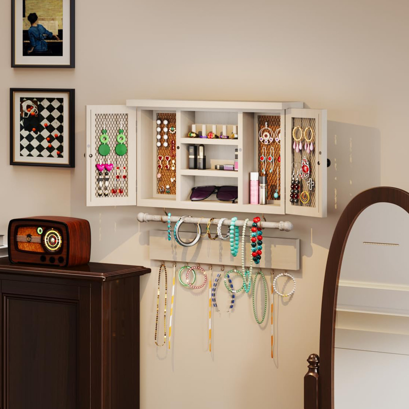 Ebern Designs Rustic Mesh Hanging Jewelry Organizer Wall Mounted for ...