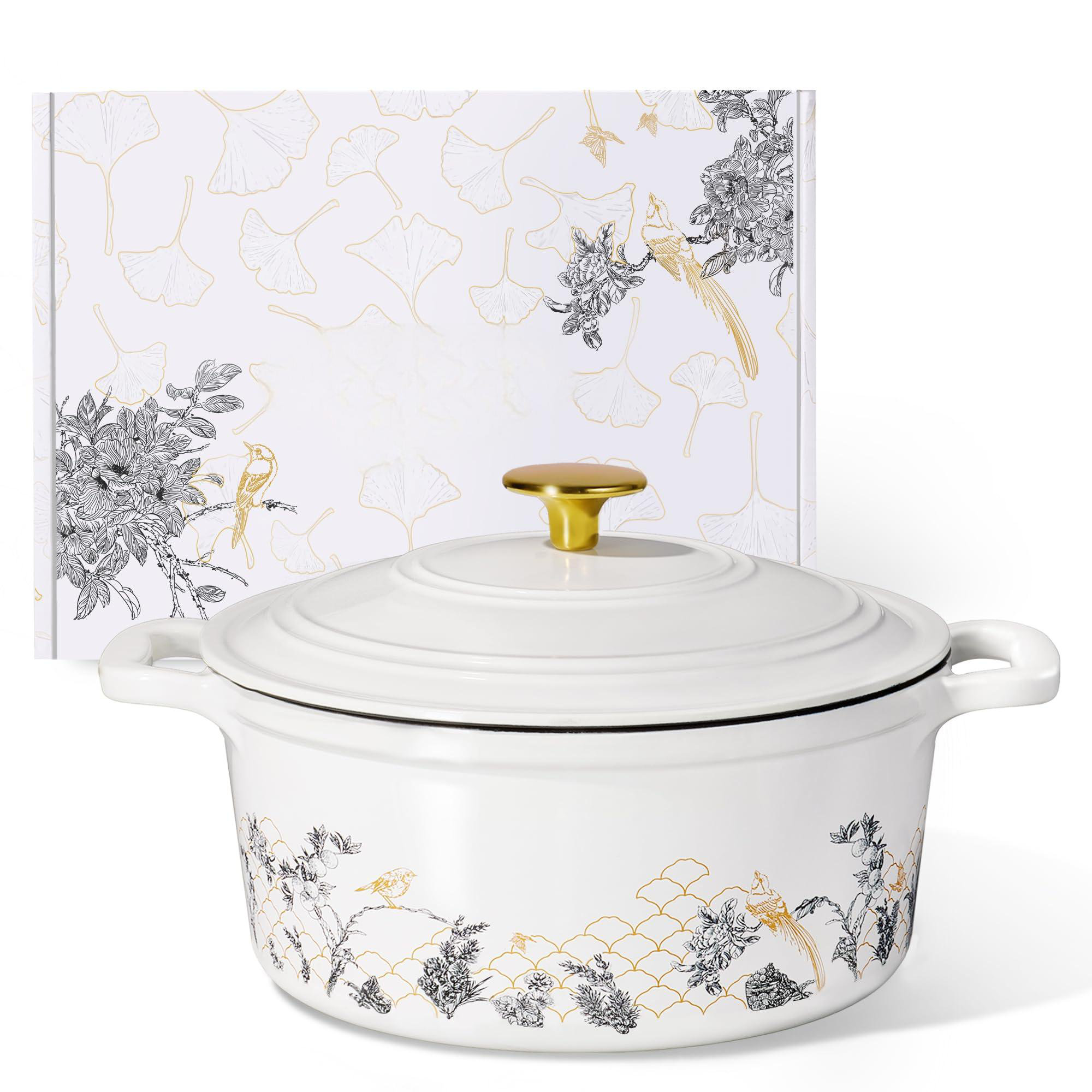 QUANMIANWANGLUO Cast Iron Dutch Oven Pot With Lid, Enameled Floral ...
