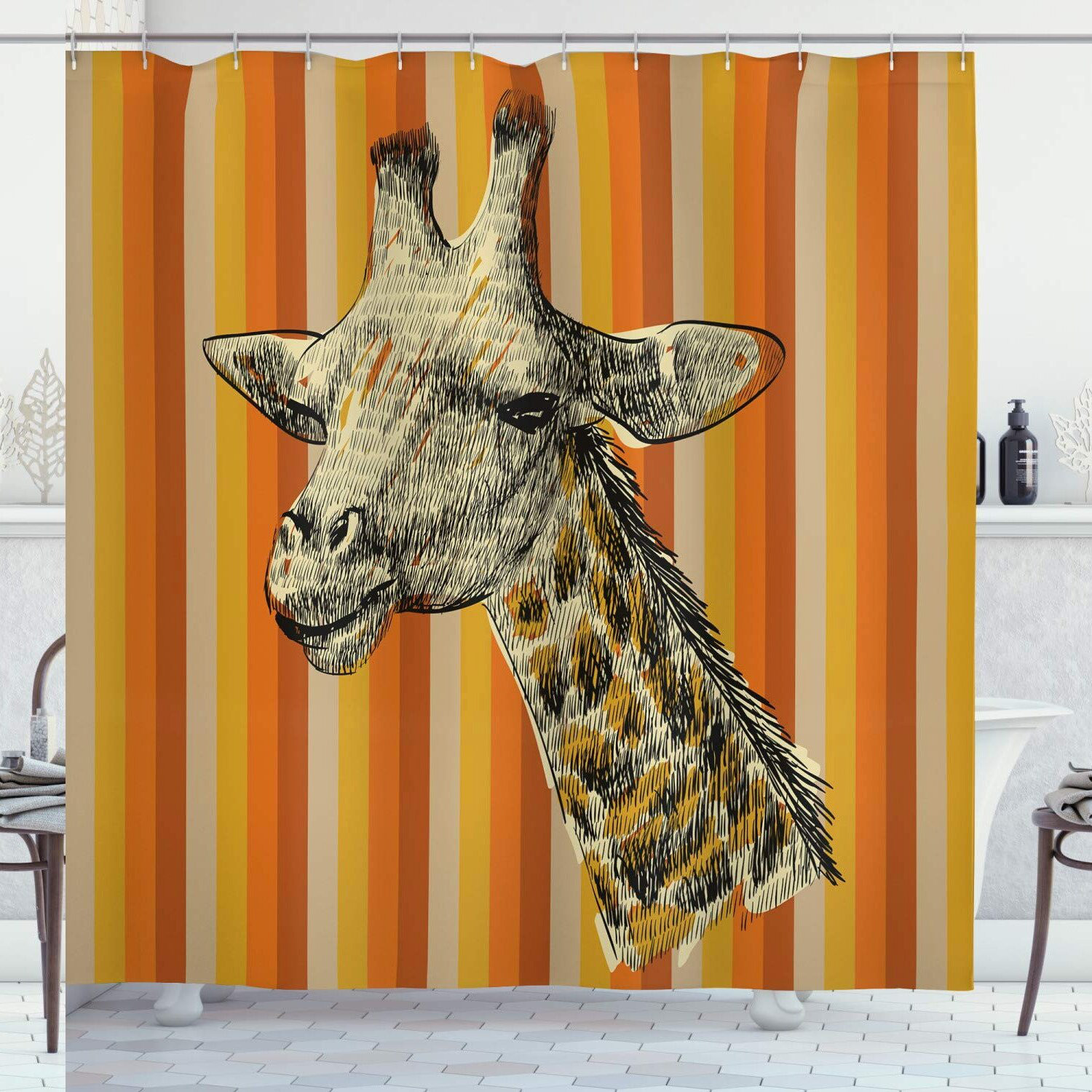 One Allium Way Savannah Hipster Giraffe Shower Curtain - Sketch Style Wildlife Portrait, Cream ...