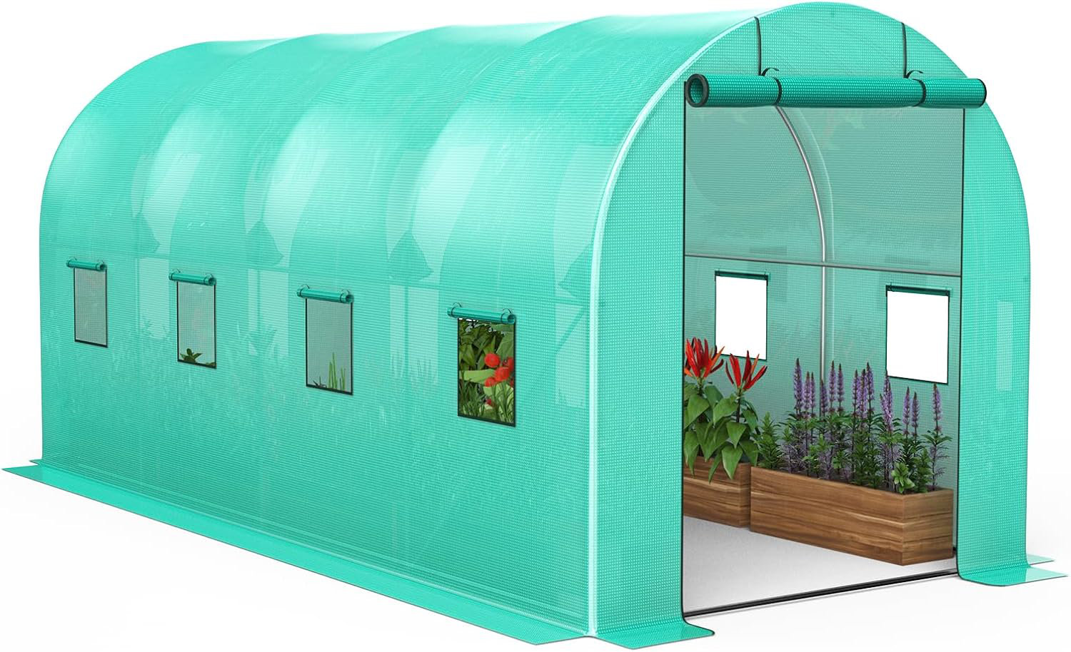 FXSGER 15x7x7ft Walk-in Greenhouse with Roll-Up Zipper Door, 8 Windows ...