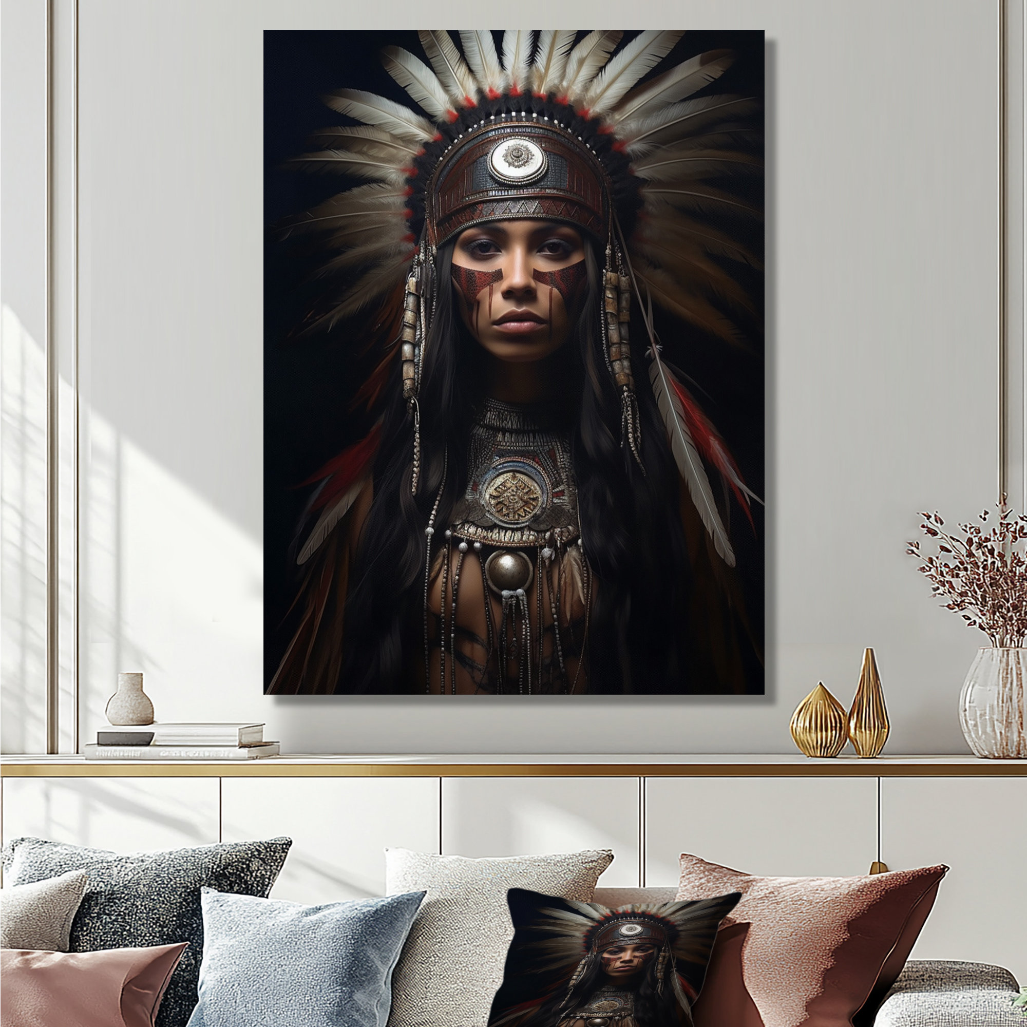 Design Art Tribal Beauty With Traditional Feather Headdress - Native ...