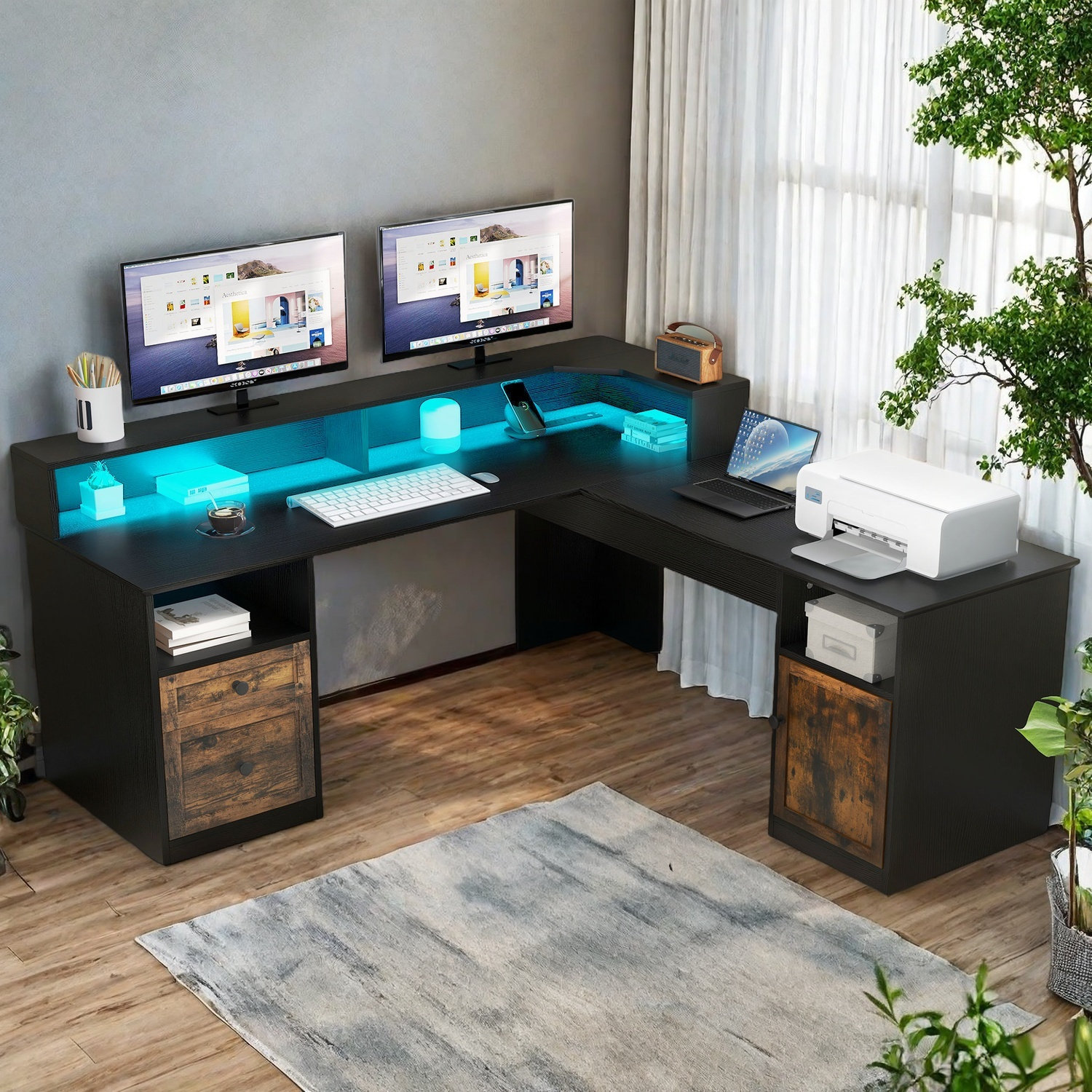 Wrought Studio™ L Shaped Lift Top Computer Desk With Power Outlet & LED ...