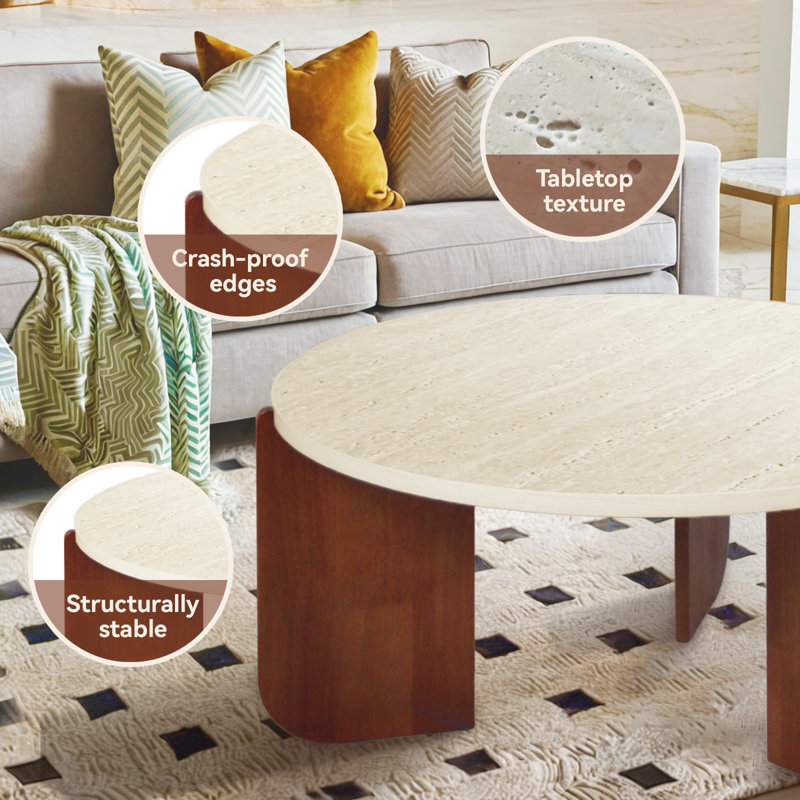 Ivy Bronx Elegant Round Travertine Texture Coffee Table – 30” Stone ...