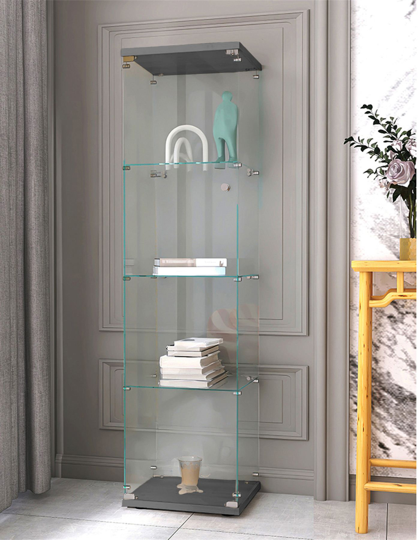 Ebern Designs 4-Tier Glass Cabinet Display Cabinet With Door And Colour ...