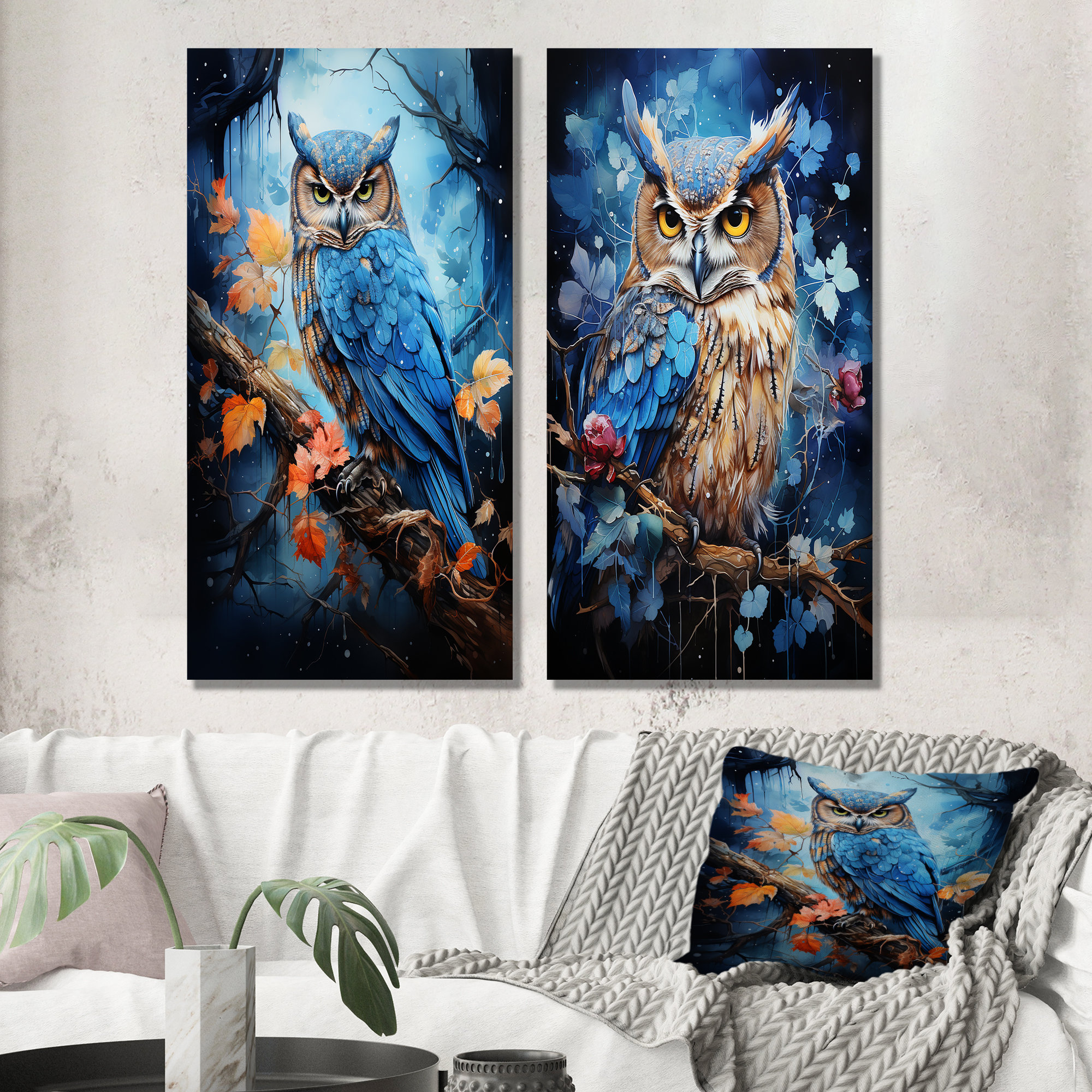 Red Barrel Studio® Blue Owls Moonlight Realm - Owl Wall Art Prints Set ...
