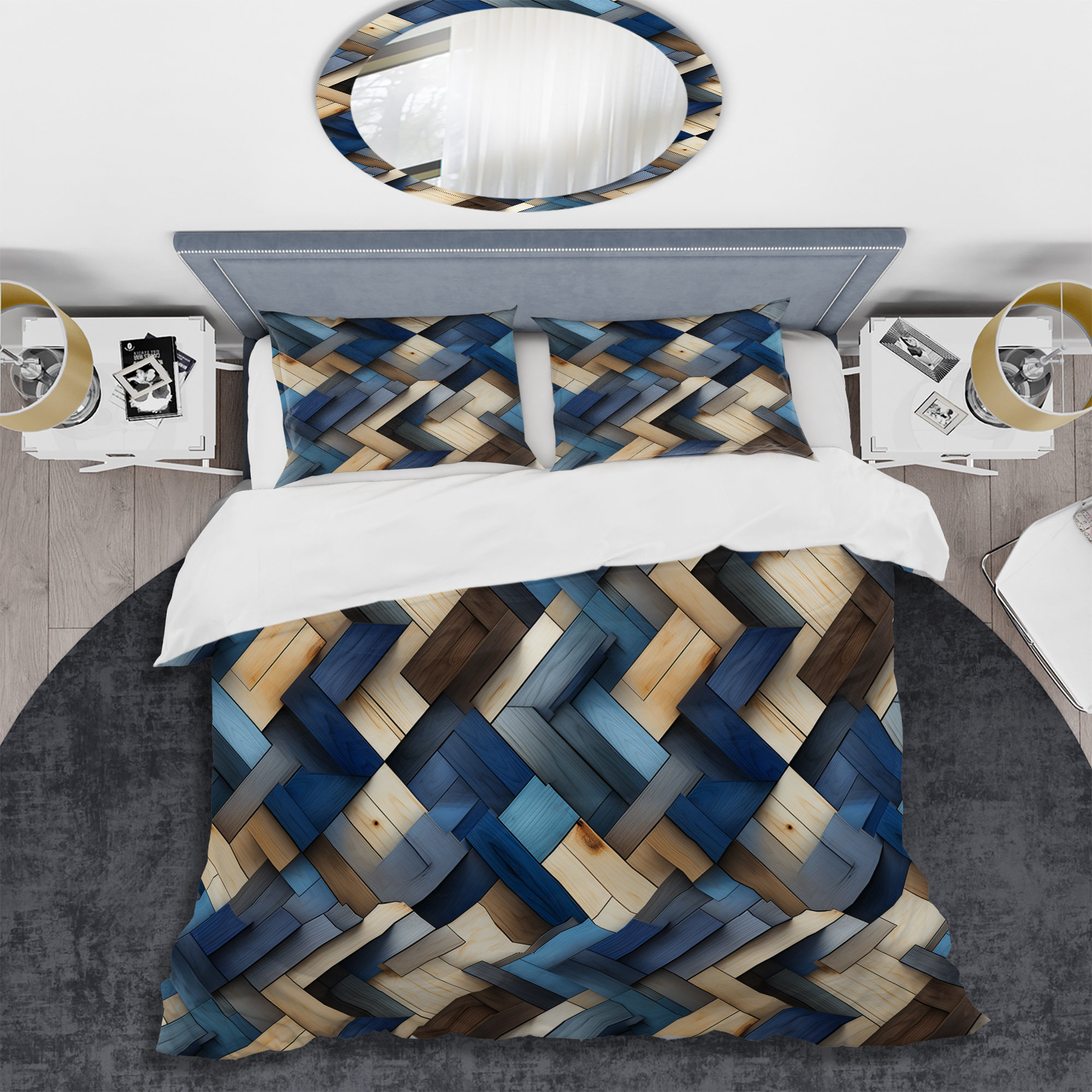 Design Art Beige And Blue Stripes Symmetry Duvet Cover Set | Wayfair