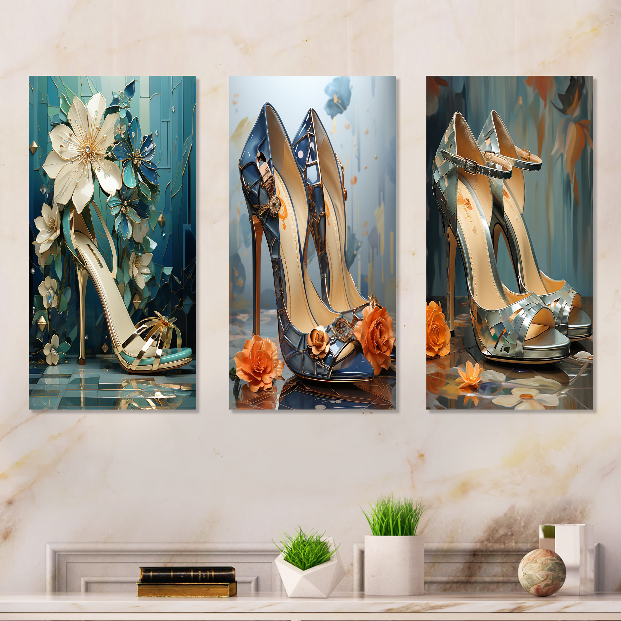 Mercer41 Blue High Heel Floral Elegance I - Fashion High Heels Canvas Prints Set Of 3 | Wayfair