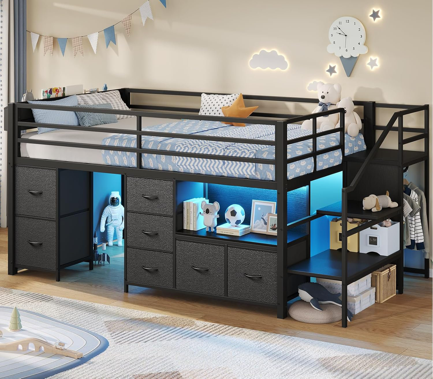 Wrought Studio™ Low Loft Bed Twin Size With Stairs,7 Drawers, Bookcase ...