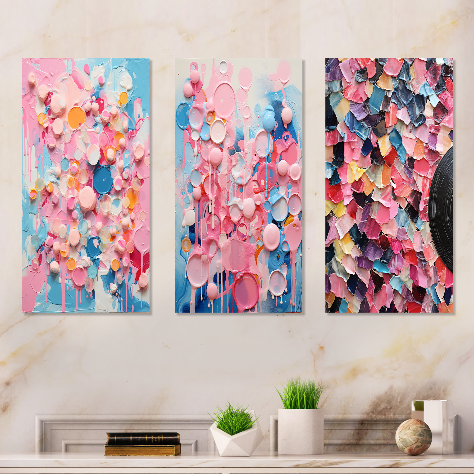Orren Ellis Pink Digital Melodic Fusion I - Abstract Collages Canvas Wall Art Set Of 3 | Wayfair