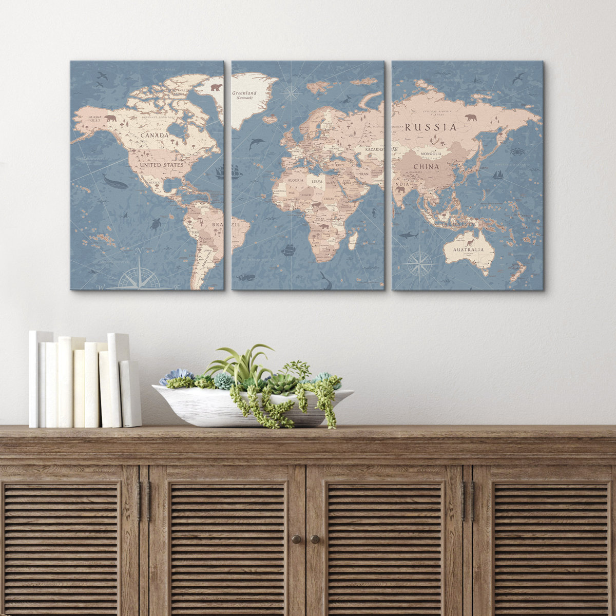 IDEA4WALL World Map " Blue Global Antique Artwork Office Pictures Large ...