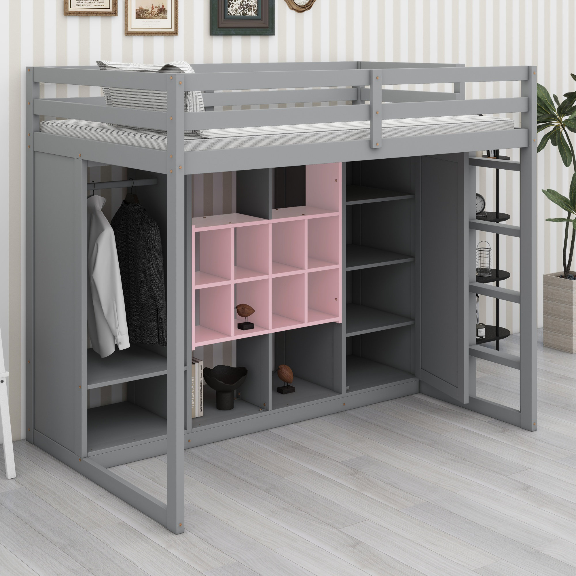 George Oliver Lit mezzanine en bois avec garde-robe, tablettes et ...