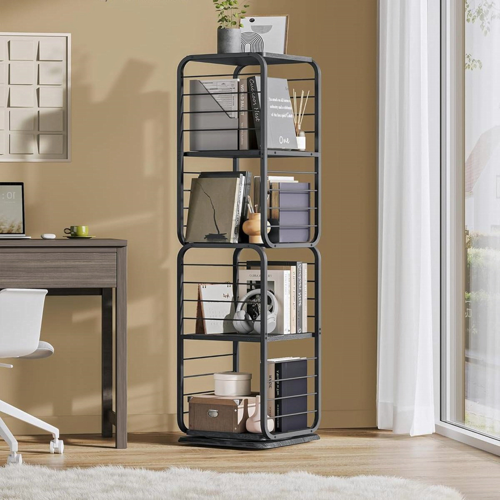 17 Stories 4-Tier Rotating Bookshelf, Bookcase With Bookends For Small ...