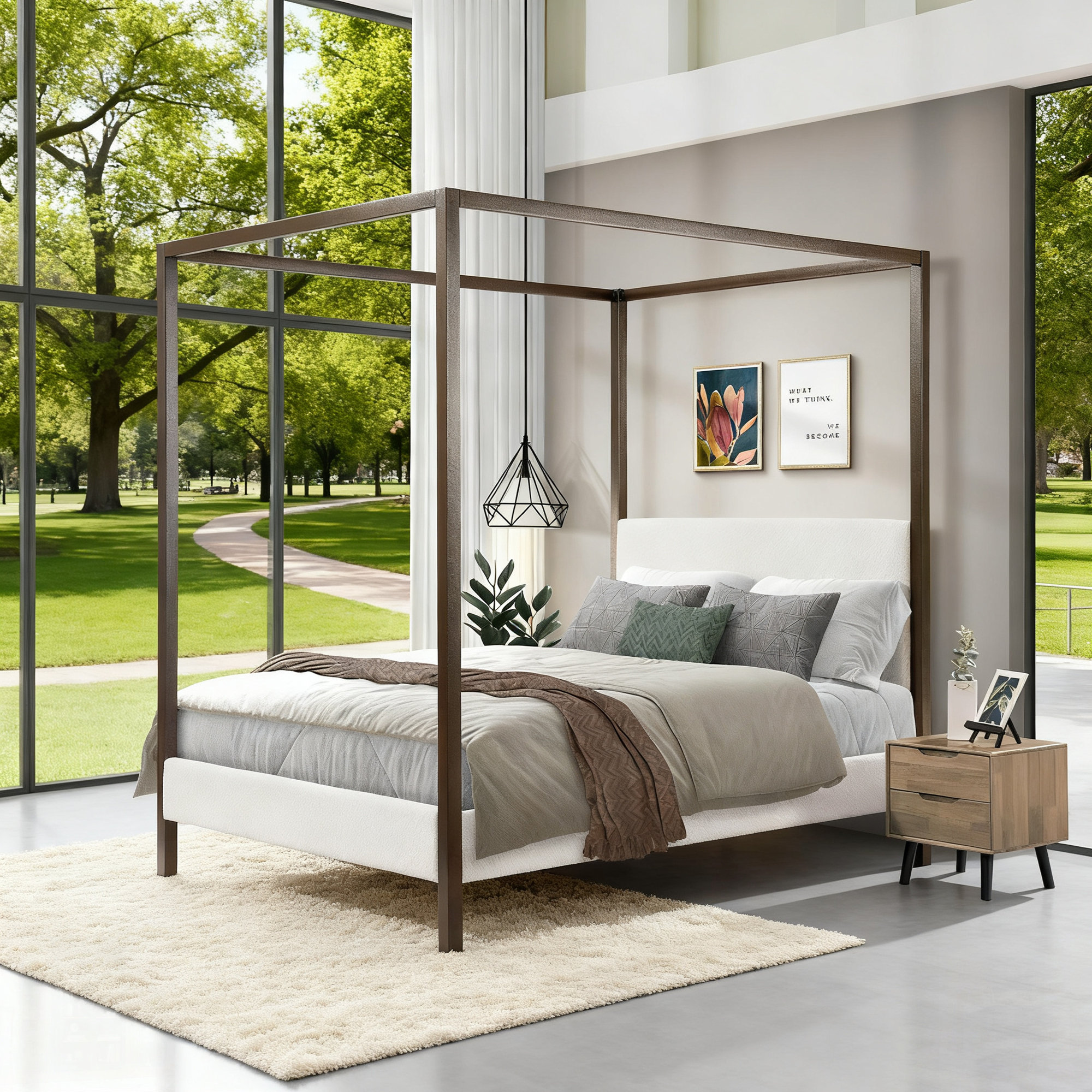 Latitude Run® Boucle Upholstered Metal Canopy Bed, Combining Modern ...