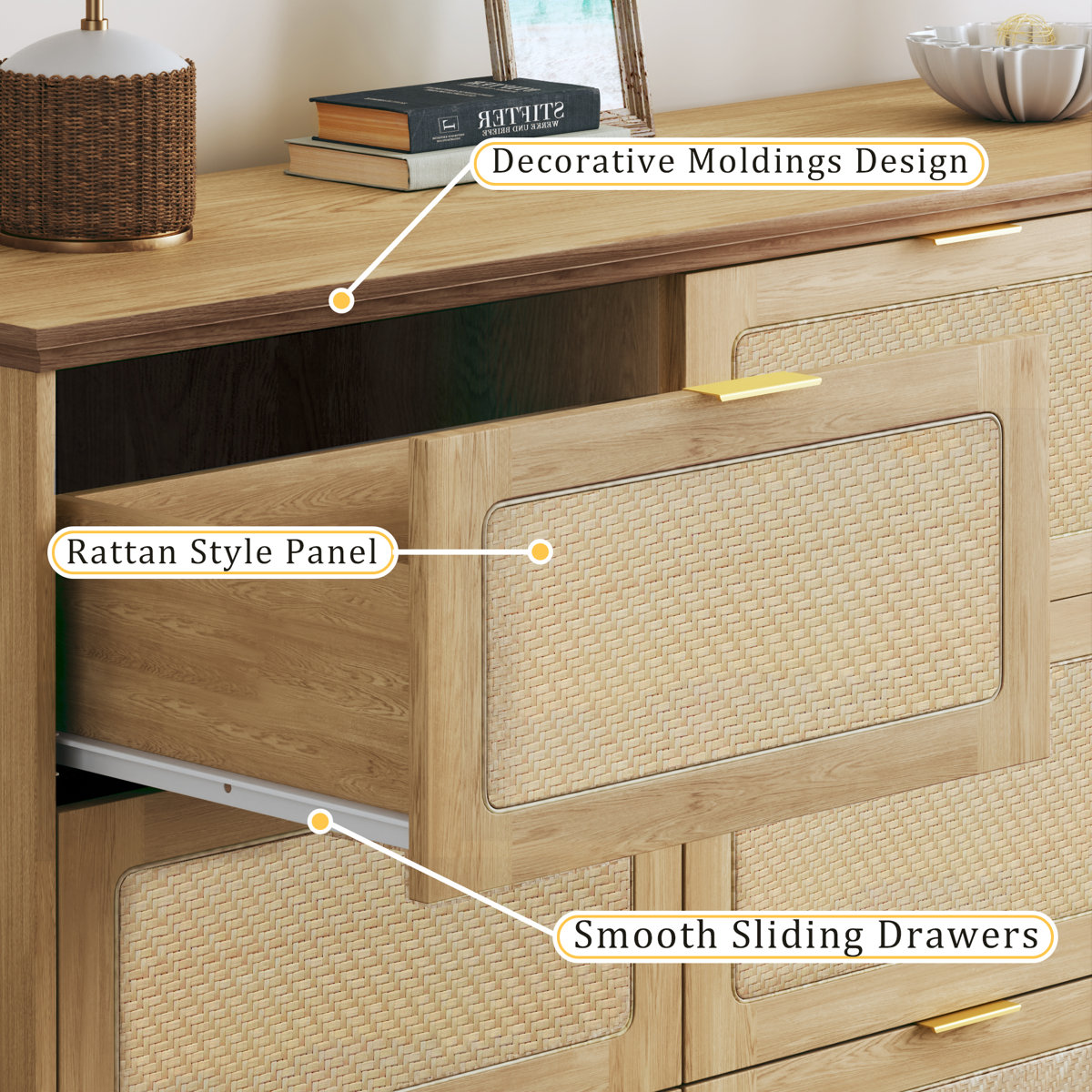Bay Isle Home™ 9-Drawer Boho Wood Chest Of Drawer 60" Wide Rattan Style ...