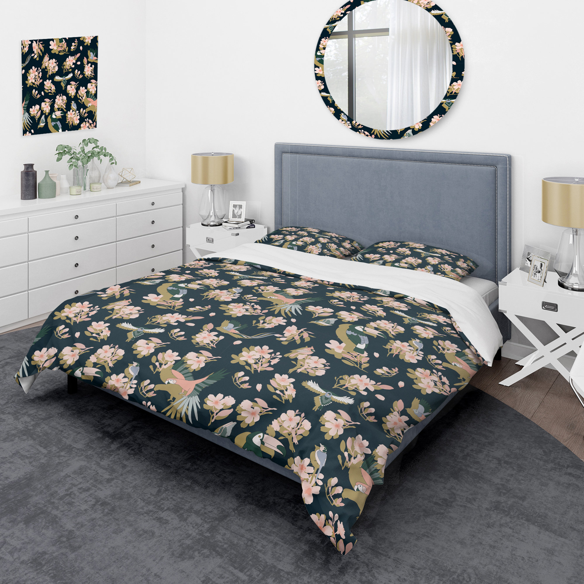 Design Art Pink Flowers And Birds - Cabin & Lodge Duvet Cover Set ...