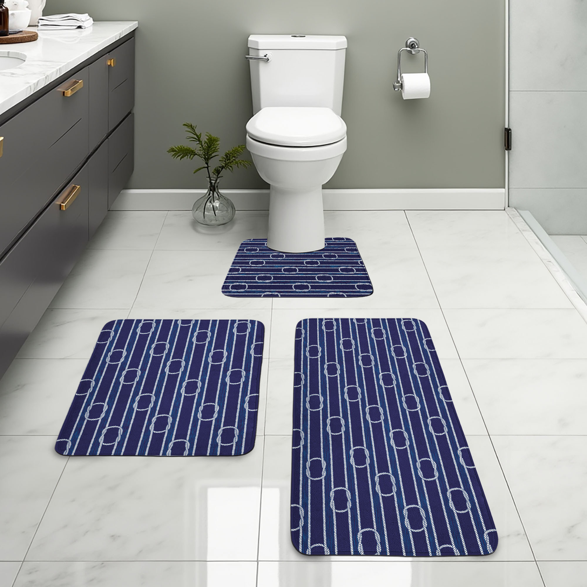 East Urban Home Navy Blue Bathroom Rug Set 3 Pieces U-Shape & Rectangle ...
