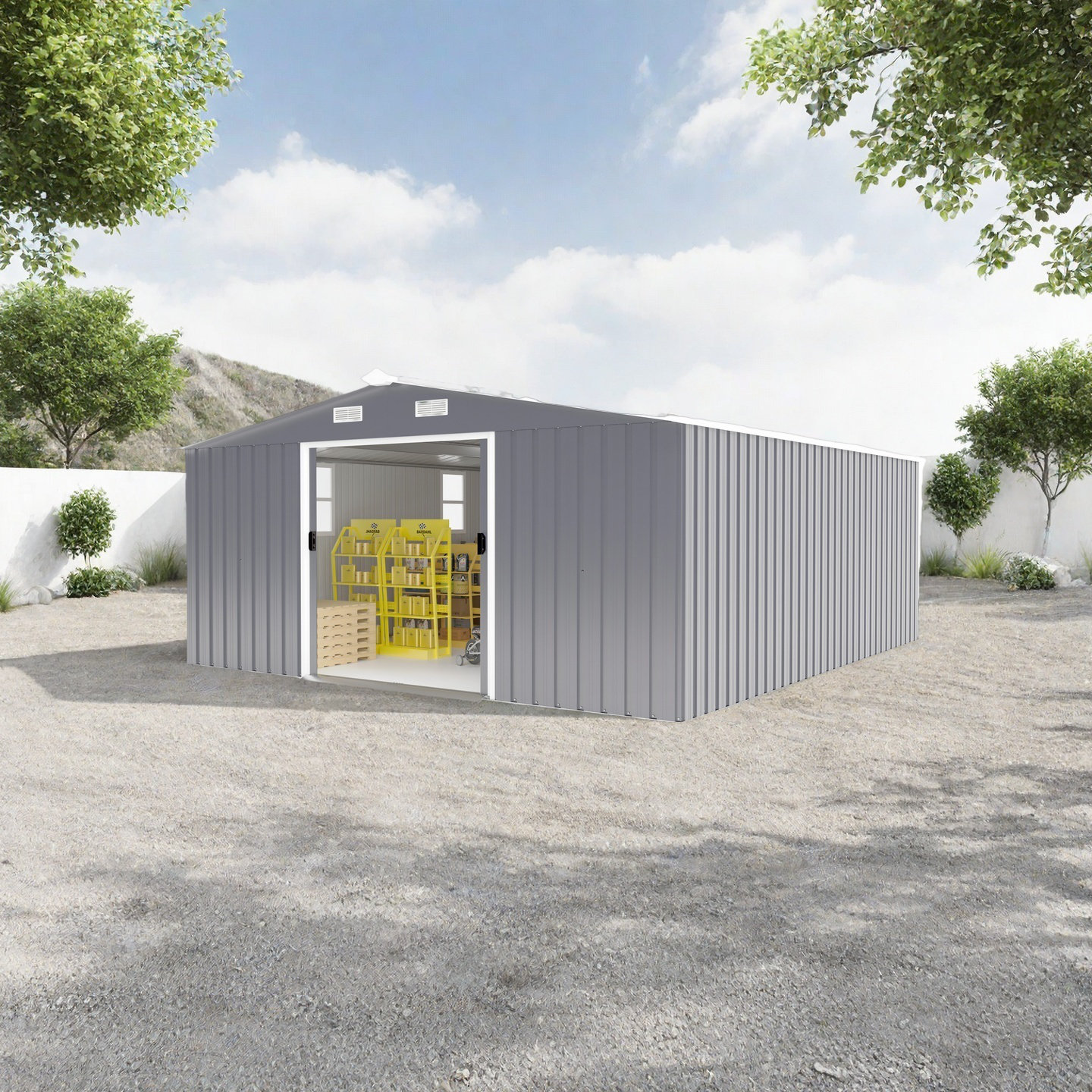 VAMOP Metal Outdoor Storage Shed with Steel Plate, Double Windows ...