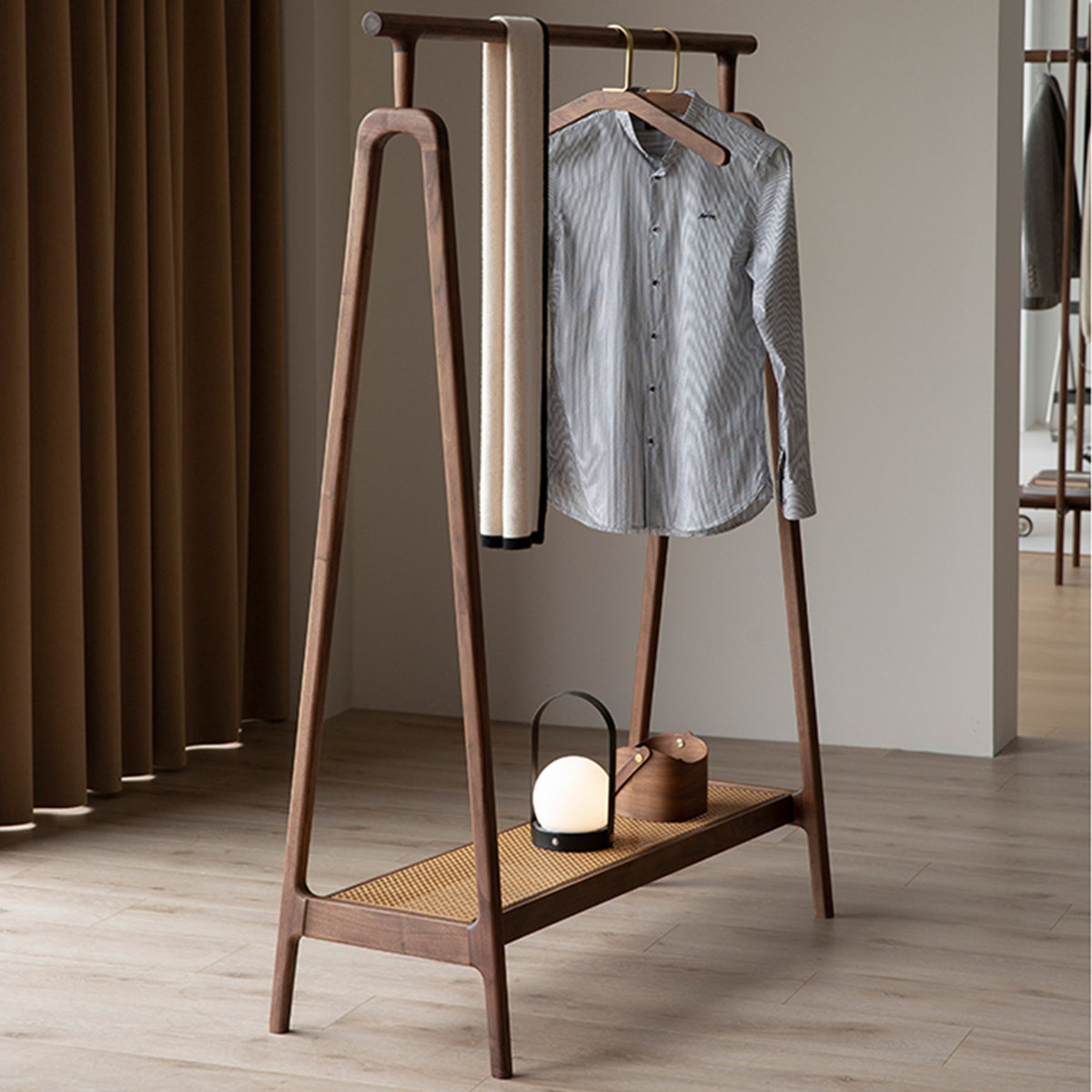 Brass Foam Minimalism Walnut Solid Wood Faux Rattan Clothes Rack | Wayfair