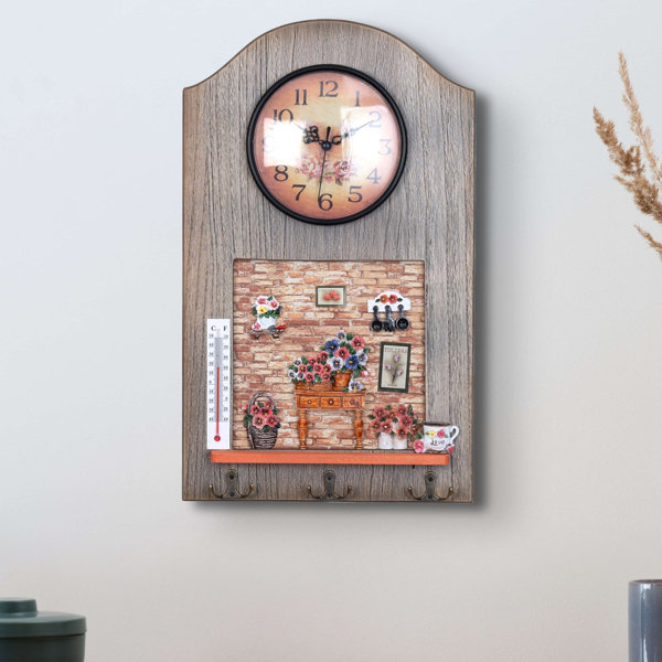 August Grove® Burty Vintage Wooden Clock Key Holder - Farmhouse Wall ...