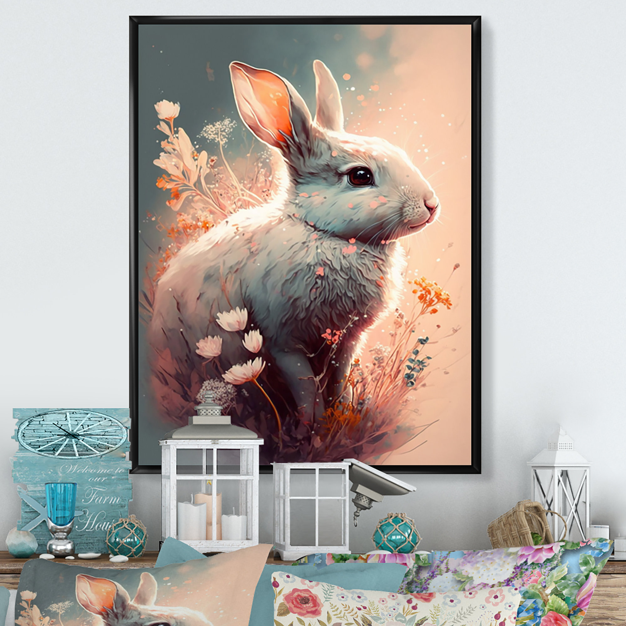 August Grove® Cute Rabbit Floral III - Graphic Art on Canvas | Wayfair