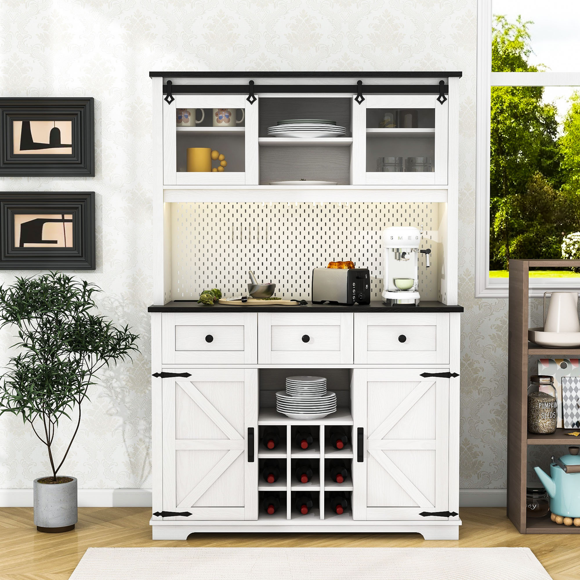 August Grove® Crytal Farmhouse Pantry Bar Cabinet with Sliding Doors ...