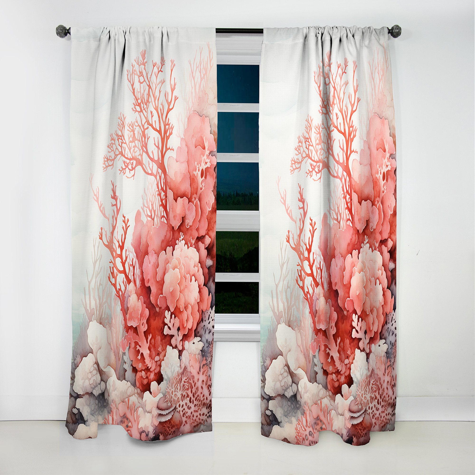 Longshore Tides Liquid Ink Crimson Coral - Coastal Coral Curtain ...