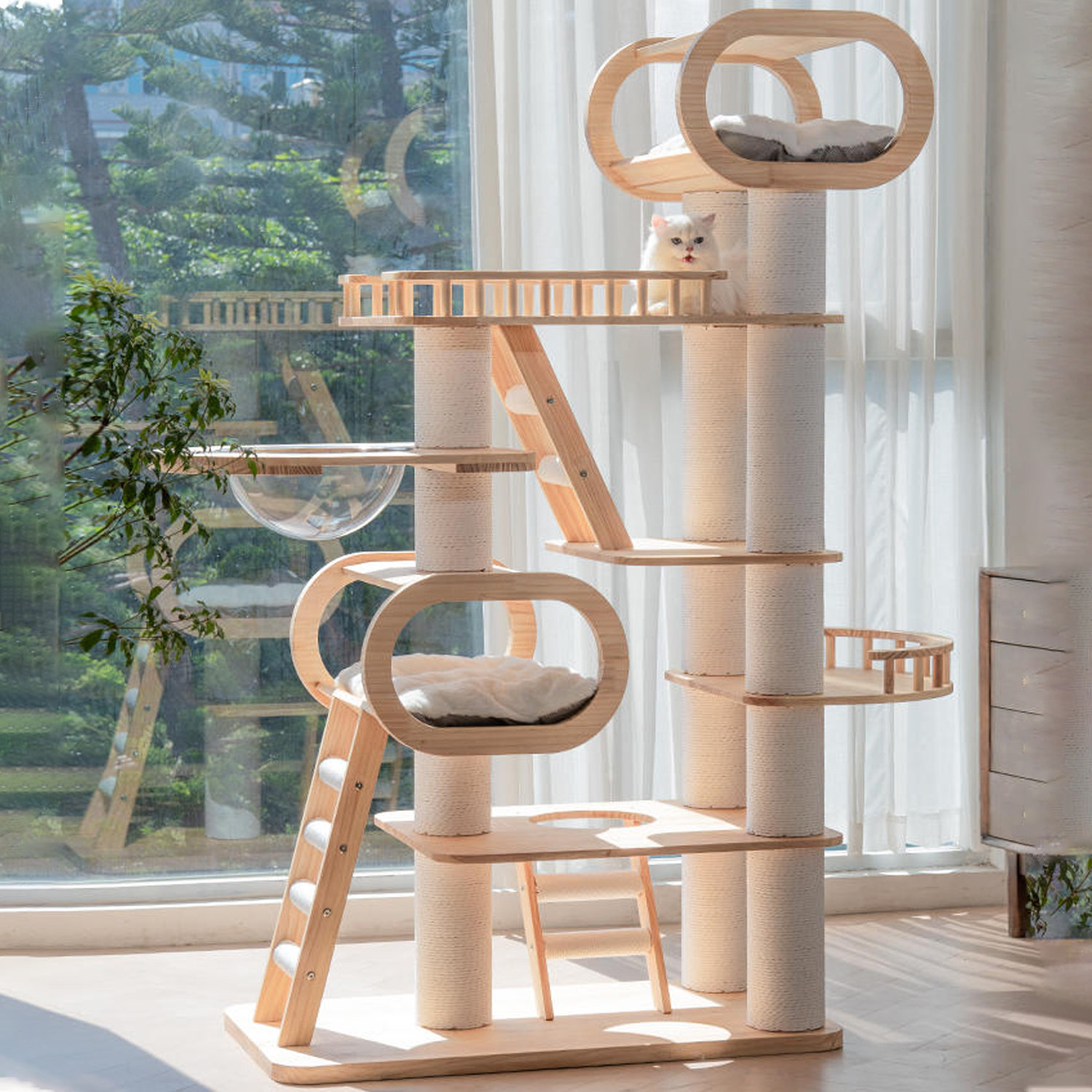 KZLAA 76.7 H Large Solid Wood Cat Tree Multi-Level Tall Cat Tower Cat ...
