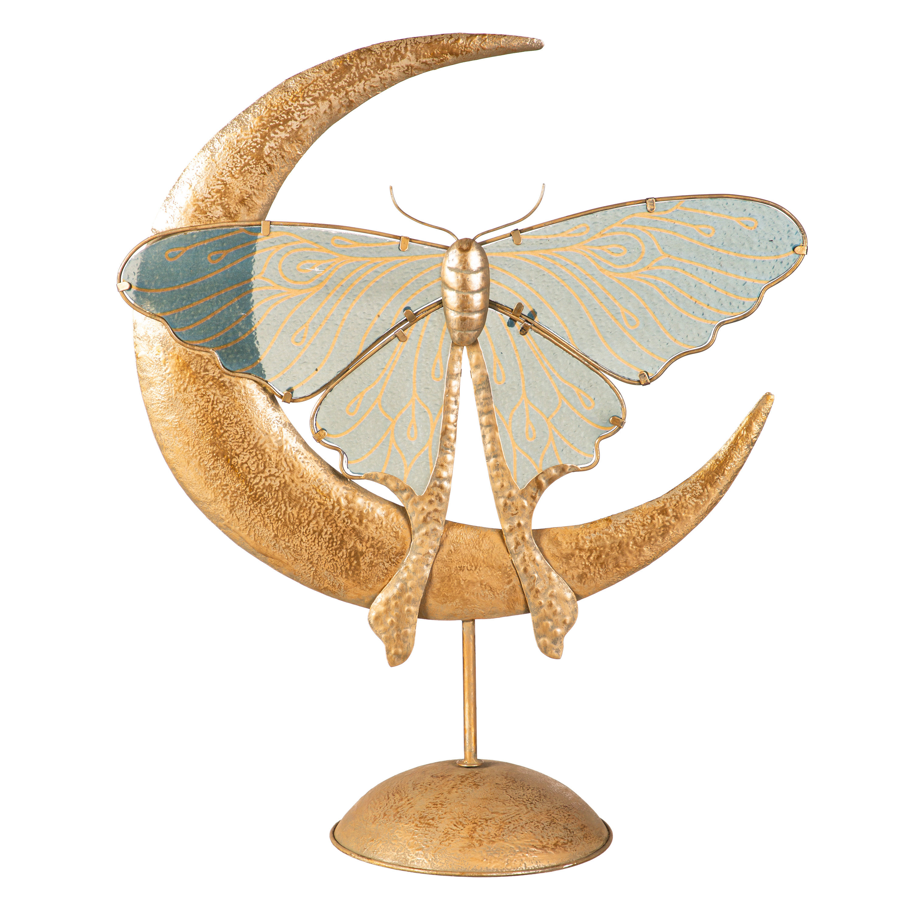 Red Barrel Studio 22" Crescent Moon With Luna Moth Statue, Teal ...