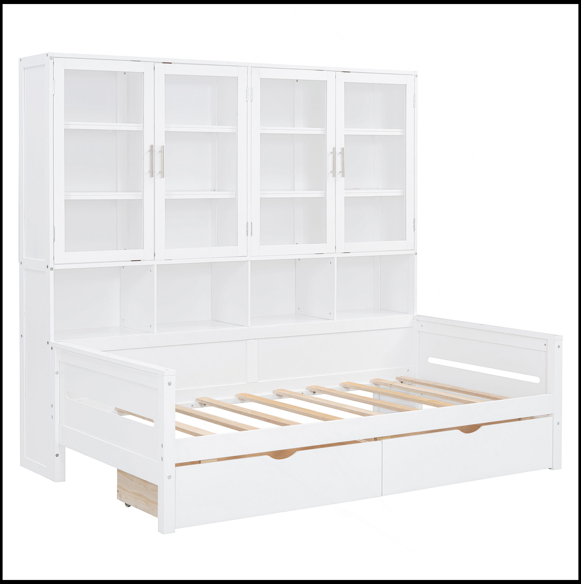 Orren Ellis Wooden Daybed With Glass-Door Storage Cabinets, Built-In ...