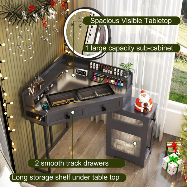 17 Stories Corner Vanity Desk with Mirror, LED Lights, Drawers & Outlet ...