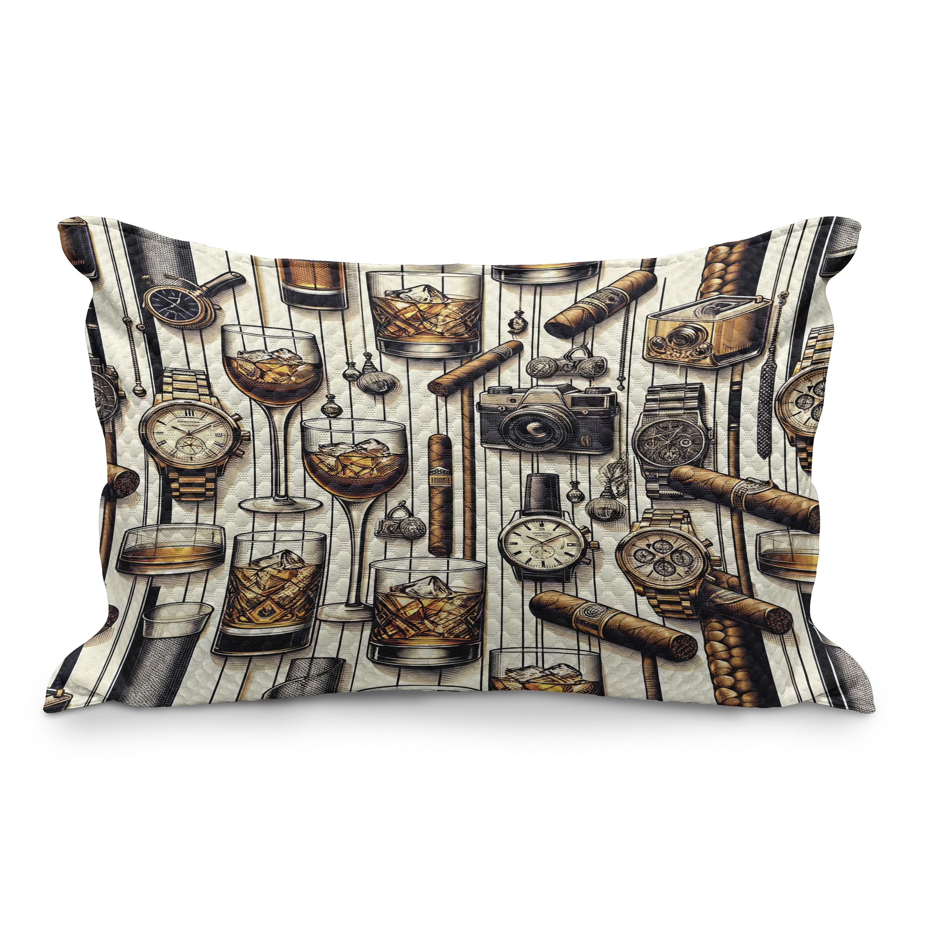 Ambesonne Man Cave Quilted Pillowcase Iced Whiskey Watches Cigar Amber