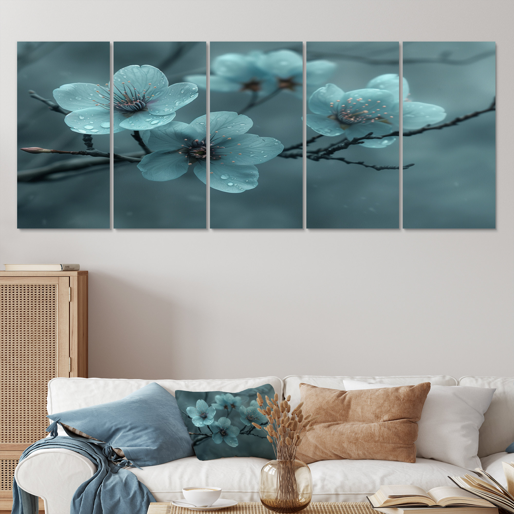 Latitude Run® Monochrome Blue Cherry Blossom Raindrop Reflection - Cherry Blossom Canvas Art Set ...