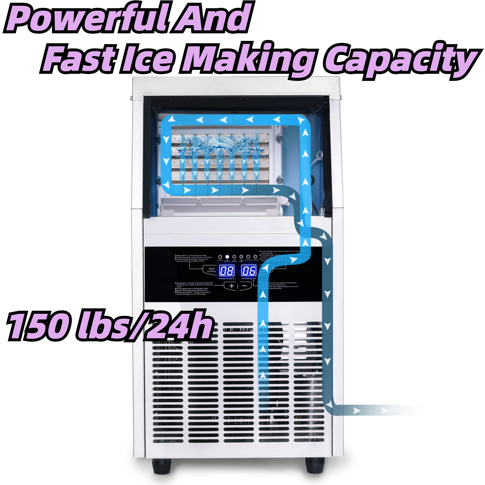 JOEAONZ 150 lb. Daily Production Cube Clear Ice Freestanding Ice Maker ...