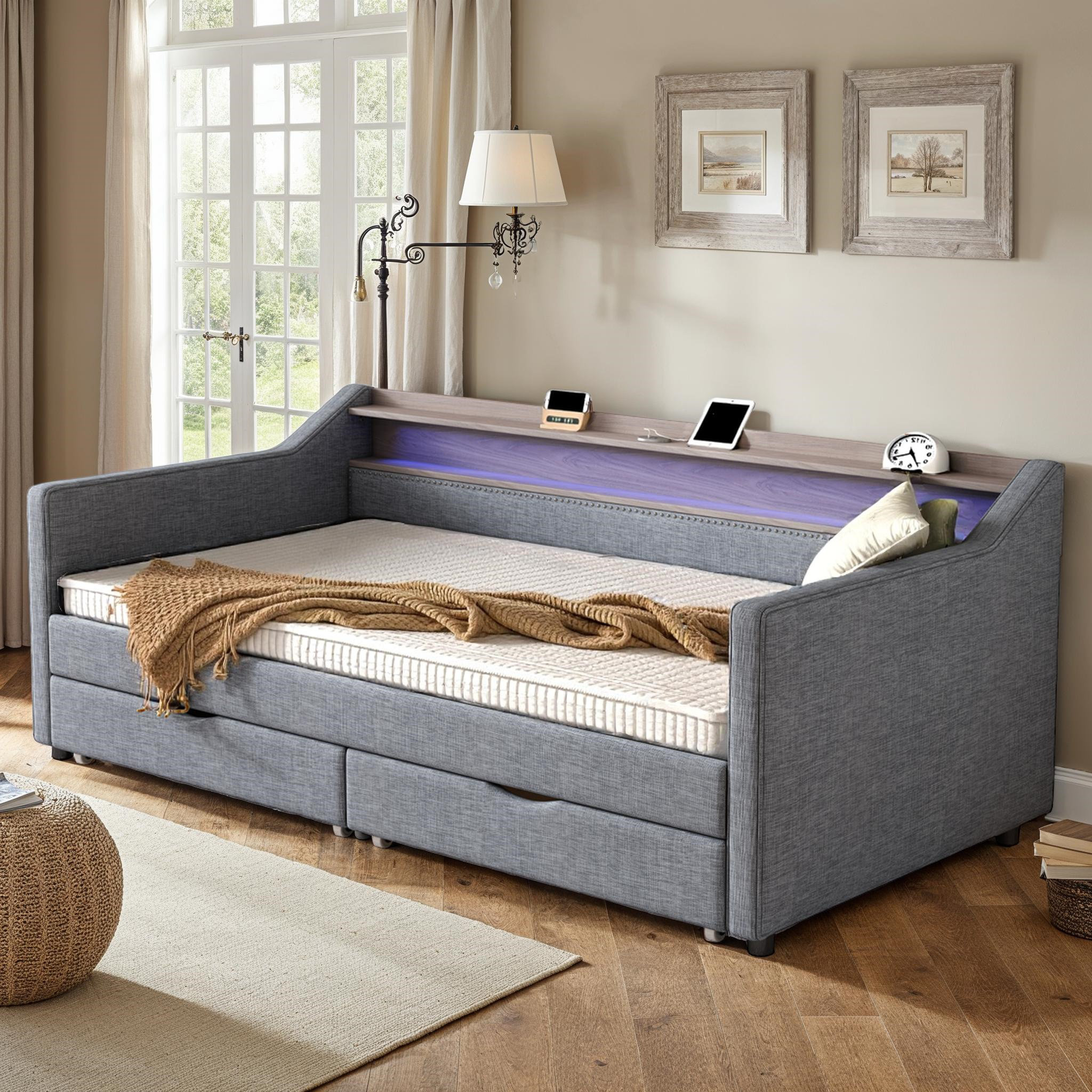 Latitude Run® Linen Upholstered Twin Sofa Daybed with LED, Storage, USB ...