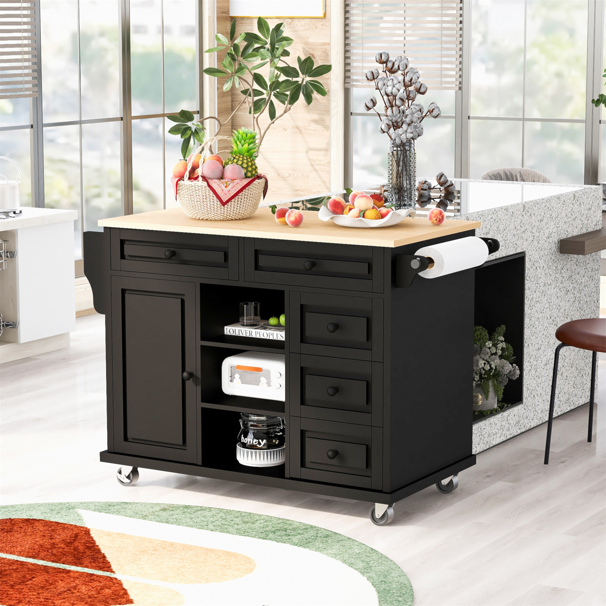 STYLISH Kitchen Cart With Rubber Wood Desktop Rolling Mobile Kitchen ...