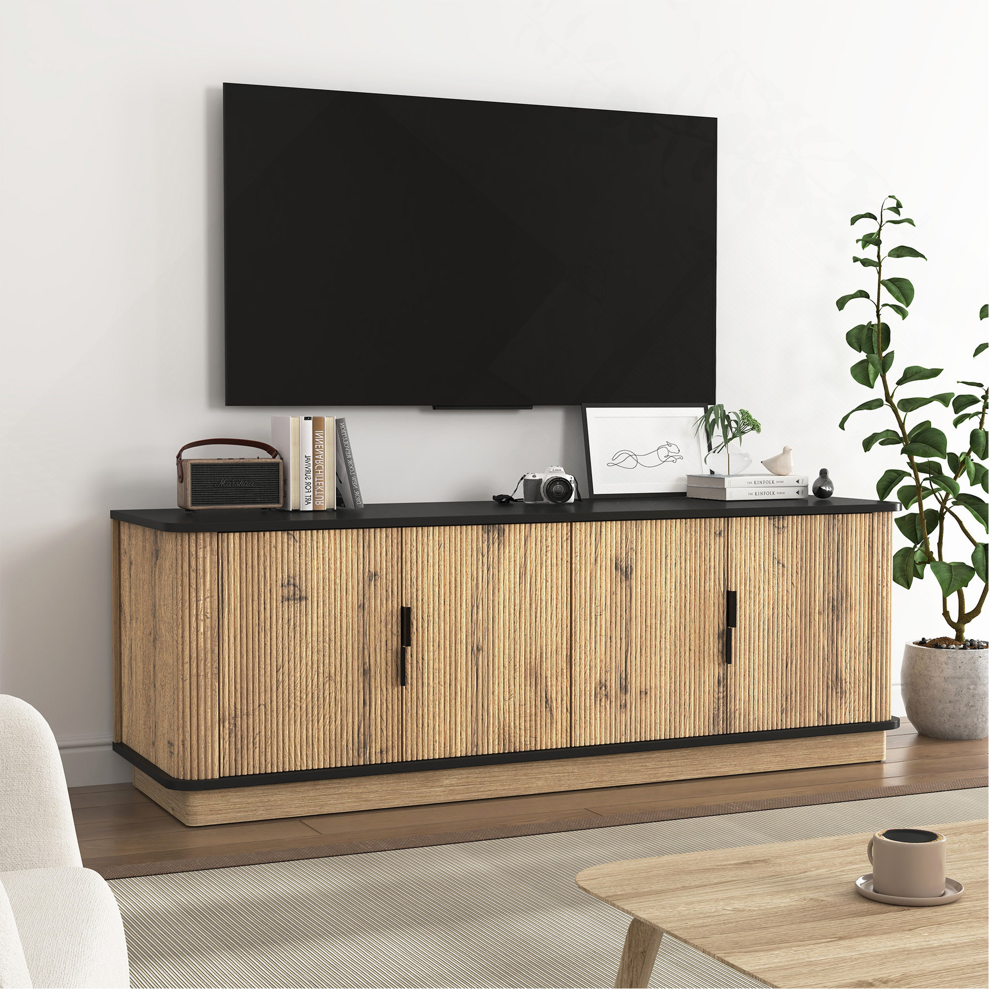 Loon Peak® Natural Wood Grain Four-Door MDF TV Cabinet, An Ideal Choice ...